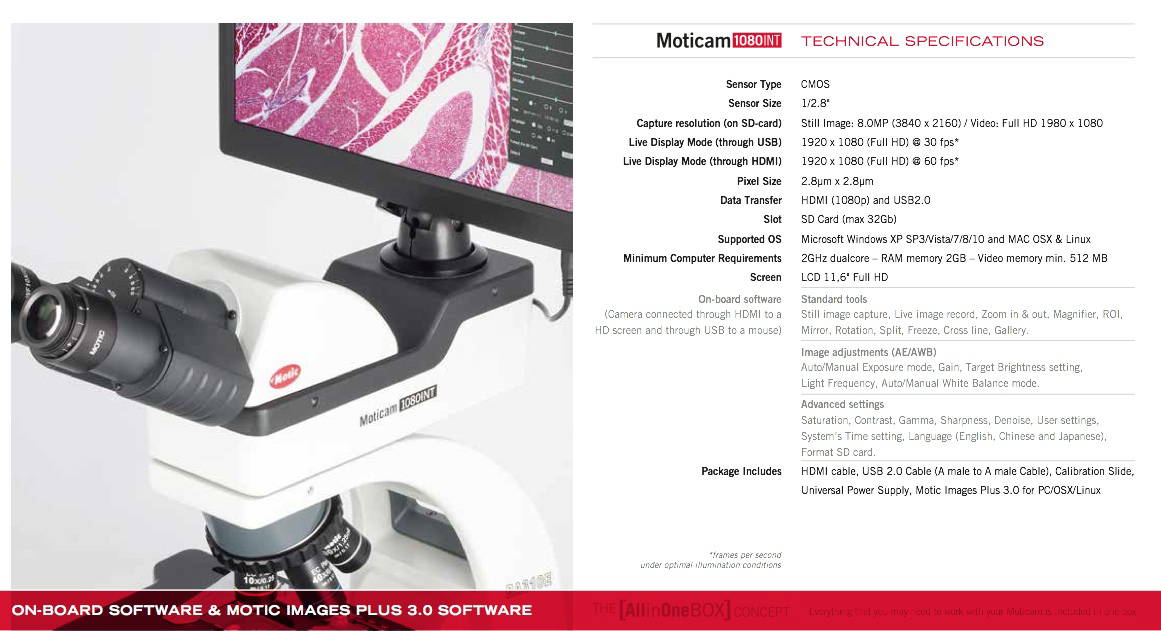 HD Microscope Camera - Moticam 1080 INT with 11.6" Full HD Monitor
